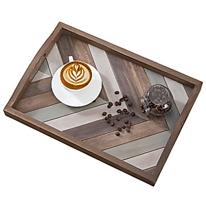 MyGift 16 Inch Rustic Brown Wood Serving Tray with Handles and Multicolored Chevron Design, Ottoman Decorative Tray