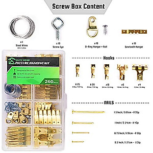 Picture Hanging Kit, Picture Hangers| 260 Pieces Wall Hangers Accessories with Picture Hanging Hooks,Nails for Hanging Pictures,Frame Hanging Hardware with Small Claw Mini Hammer with Magnecti Head.
