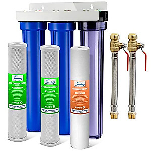 iSpring WCB32+AHPF12MNPT12X2 3 Whole Water Filtration System w/ 20” x 2.5” Oversized Fine Sediment and Carbon Block 3/4" Push-fit Stainless Steel Hose Connectors-Clear 1st Stage Filter Housing, Blue