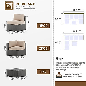 Patiomore 7 Pieces Outdoor Patio Furniture Set, Black Brown Wicker Patio Sectional Sofa Set, Outdoor Couch with Grey Cushion and Tempered Glass Table