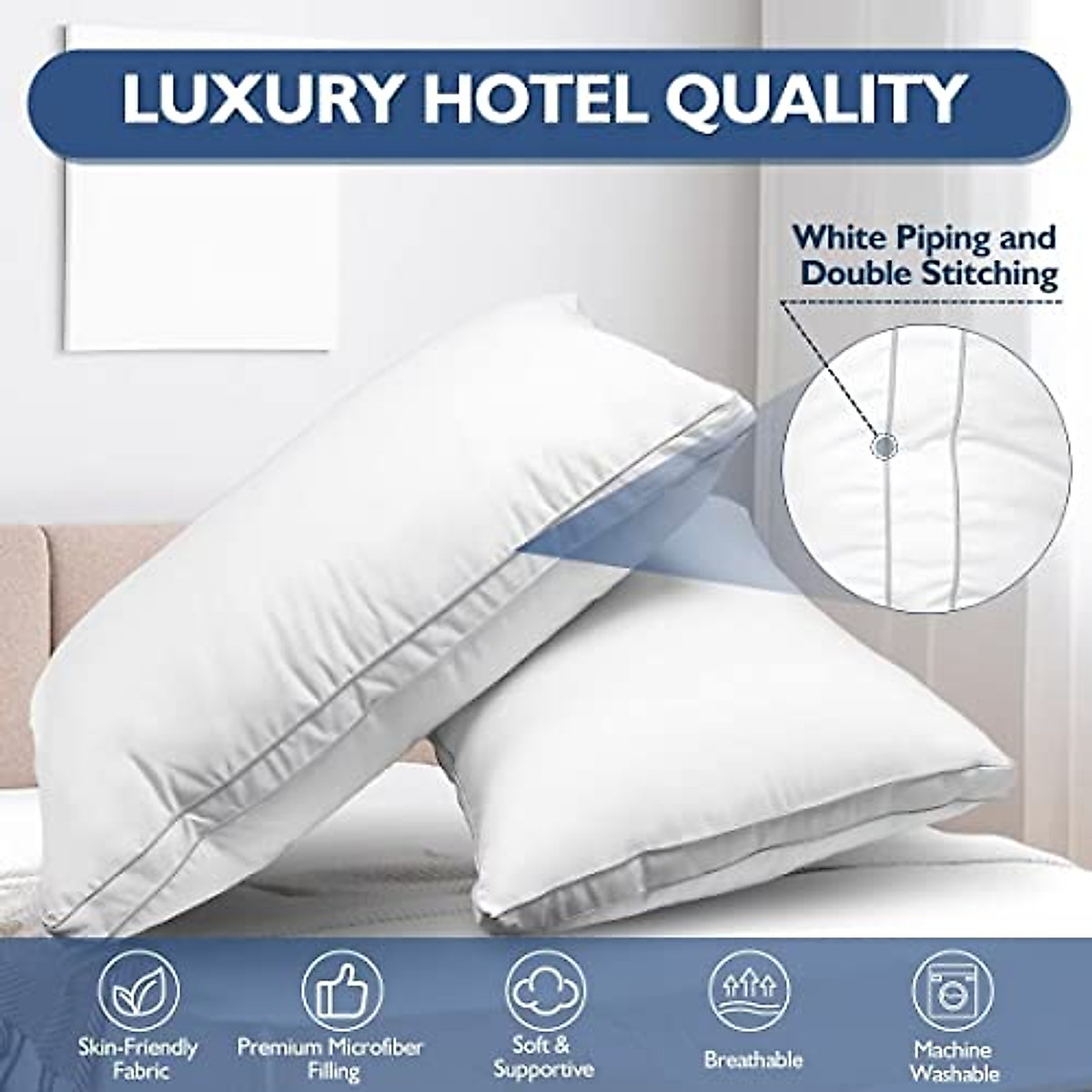 JICUSE Bed Pillows Standard Size Set of 2, Hotel Quality Standard Pillows 2 Pack for Sleeping with Soft Down Alternative Filling, Gusseted Bedding Pillow for Back, Stomach or Side Sleepers, 20" x 26"