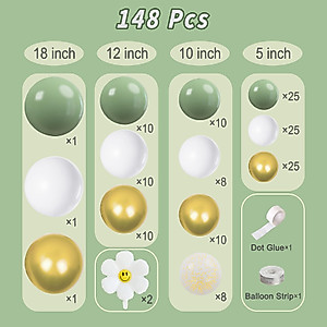 148pcs Sage Green Balloon Garland Arch Kit Gold Confetti Balloons Olive Gree and White Gold Balloons for Birthday Party Wedding Graduation Season Christmas Anniversary Decorations