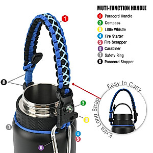 QeeCord 2.0 Paracord Handle for Hydroflask 2.0 Wide & Standard Mouth Water Bottles Strap Carrier with New Safety Ring Holder, 12oz - 64oz (32 oz-40 oz Wide Mouth, Blue/Compass+Whistle+Fire Starter)