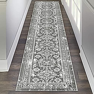 Pauwer Hallway Runner Rug 10Ft, Non-Slip & Non-Shedding, Traditional Vintage Carpet Runner, Faux Wool Soft Fuzzy Rug, Washable Low-Pile Floor Carpet for Kitchen Living Bathroom (Grey,1.7x10Ft)