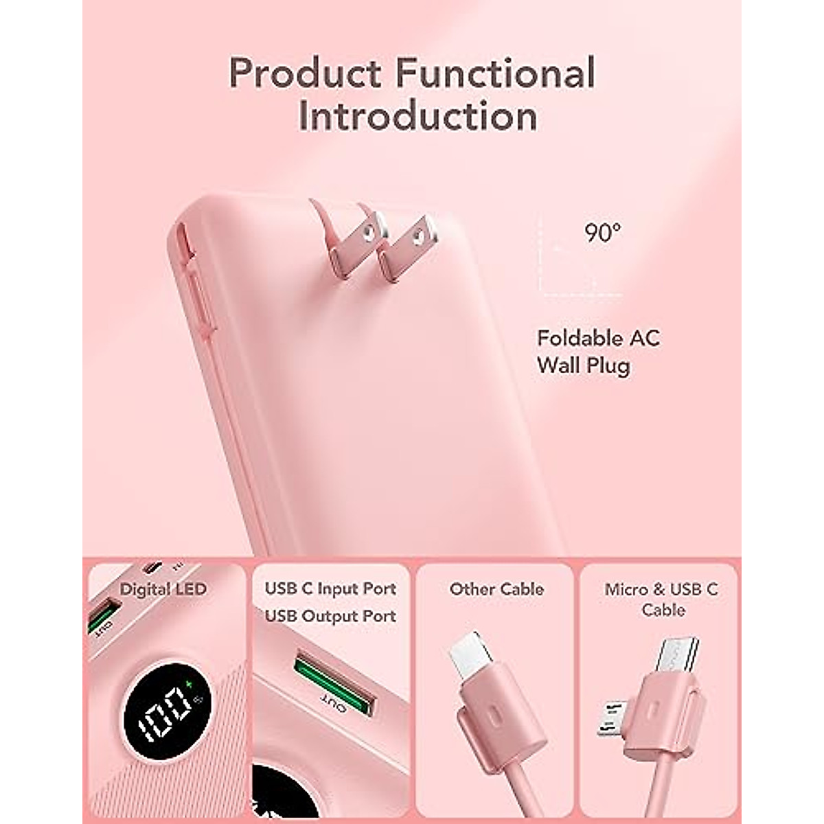 VRURC Portable Charger 20000mAh, Fast Charging Power Bank USB C,4 Output 2 Input Charging Bank Equipped with LED Display,Built-in Wall Plug and Cables,Cell Phone Replacement Battery for Smart Devices