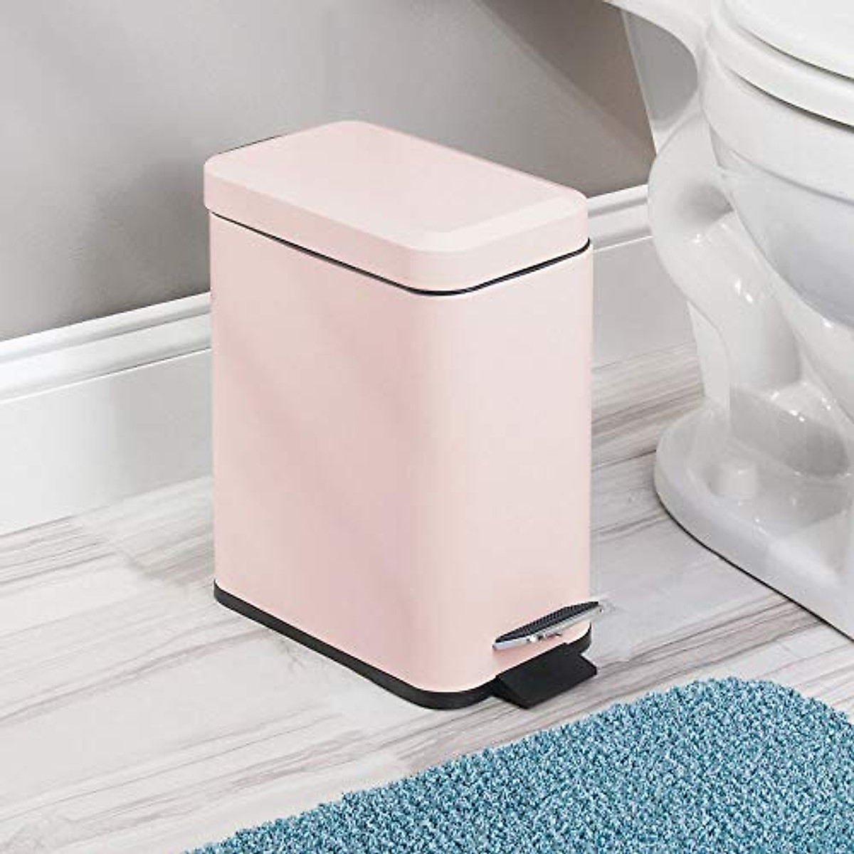 mDesign Small Modern 1.3 Gallon Rectangle Metal Lidded Step Trash Can, Compact Garbage Bin with Removable Liner Bucket and Handle for Bathroom, Kitchen, Craft Room, Office, Garage - Light Pink