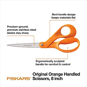 Fiskars The Original Handled Scissors, 8 Inch, Crafting, Paper Cutting, Multi Surface Use, Orange