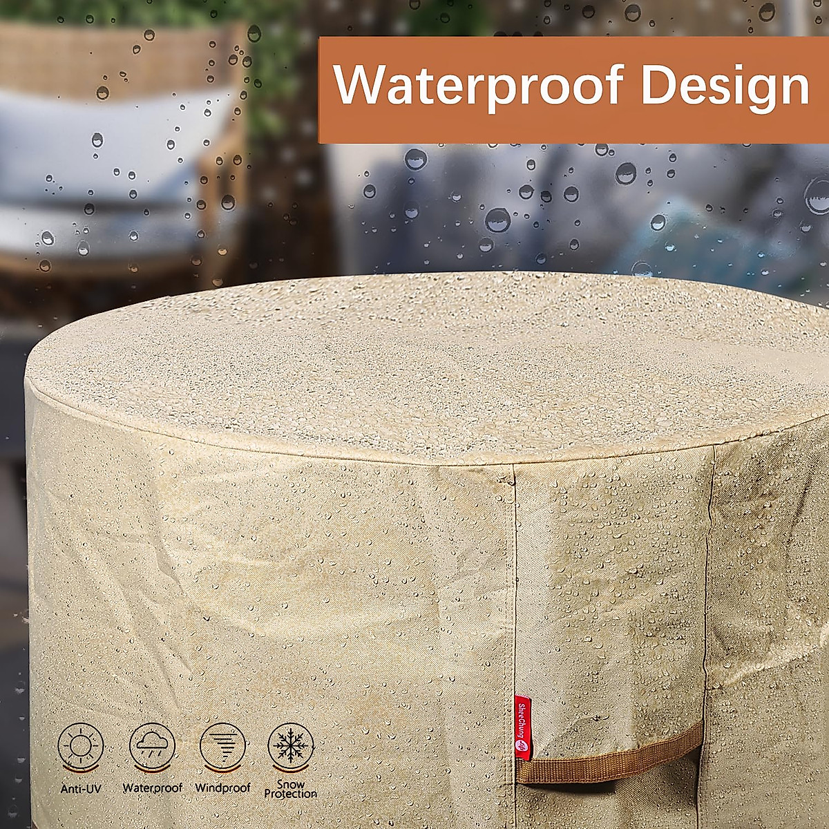 SheeChung Fire Pit Cover Round 44" D x 24" H Waterproof 600D Heavy Duty Patio Gas Fire Pit Cover Shelter Fits 40-44 Inch Outdoor Firepit Table Beige