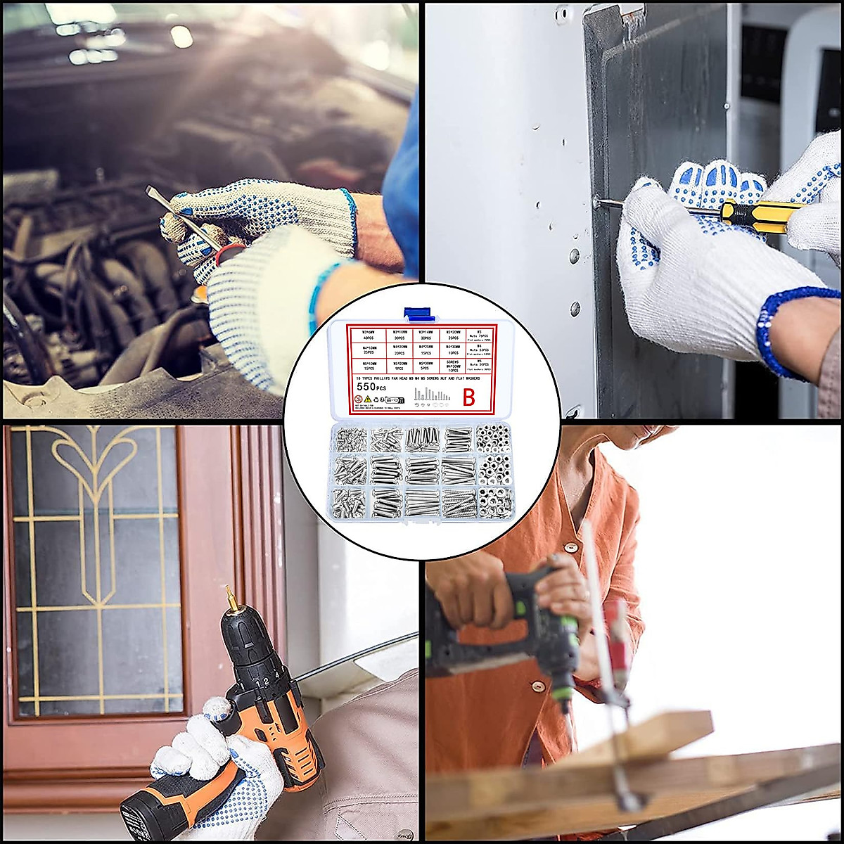 wugongshan 550 Pcs Screws Bolts and Nuts Assortment Kit, Metric Machine Screws and Nuts and Bolts and Flat Washers, M3/M4/M5 Slotted Pan Head Hex Bolts and Nuts Sets (B)