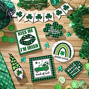 12 Pieces St. Patrick's Day Tiered Tray Decor Buffalo Plaid Table Wooden Sign Decorations Gnome Tabletop Heart Sign Decor for St. Patrick's Day Party Home Kitchen Holiday