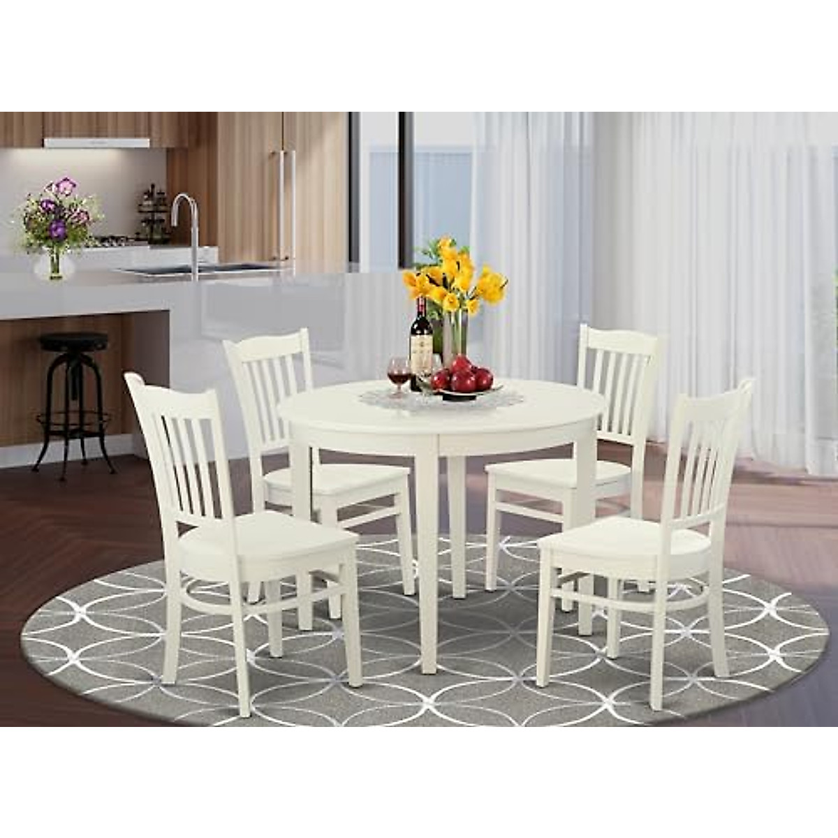 East West Furniture BOGR5-WHI-W 5 Piece Dining Room Furniture Set Includes a Round Kitchen Table and 4 Dining Chairs, 42x42 Inch, Linen White