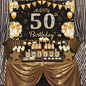 50th Birthday Backdrop Banner, Large Black Gold Happy 50th Birthday Banner, Men Women 50th Birthday Party Decorations, Cheers to 50 Years Banner for Garden Table Wall Decoration Outdoor Indoor