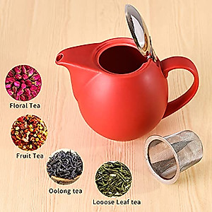 Yundu 32 ounce Red Porcelain Tea Pot - Stainless Steel Lid and Fine Infuser To Brew Loose Leaf Tea, Enough For 4 Cups