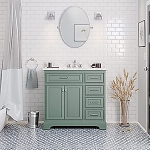 Aria 36-inch Bathroom Vanity (Carrara/Sage Green): Includes Sage Green Cabinet with Authentic Italian Carrara Marble Countertop and White Ceramic Sink