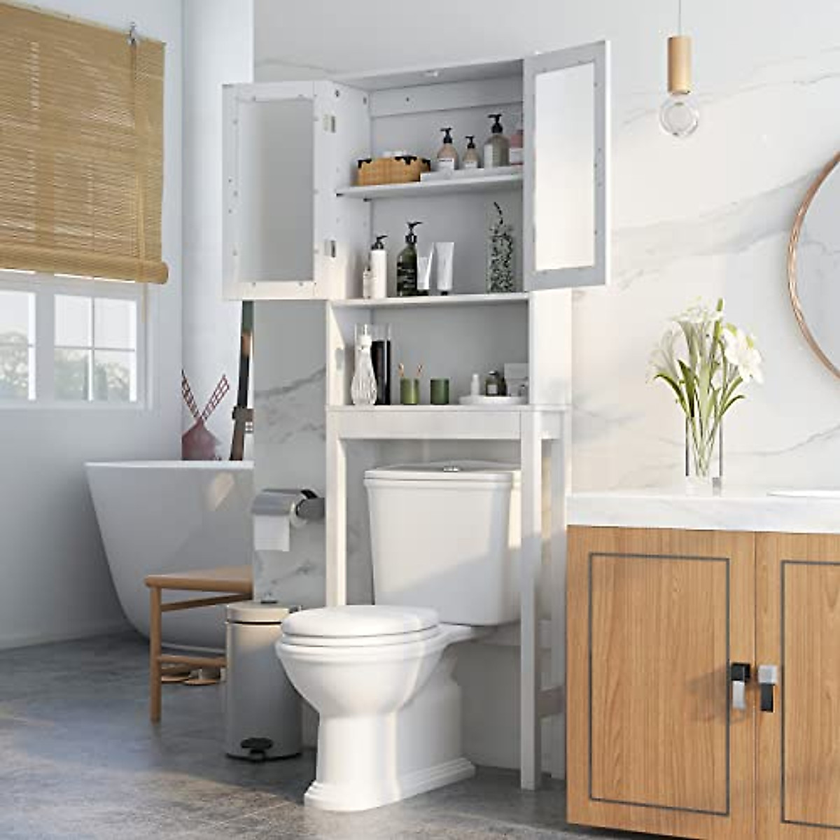 Giantex Over The Toilet Storage Cabinet, Freestanding Bathroom Cabinet w/ 2 Frosted Glass Doors, Inner 3-Position Adjustable Shelf, Open Storage Shelf, Bathroom Organizer & Space Saver, White