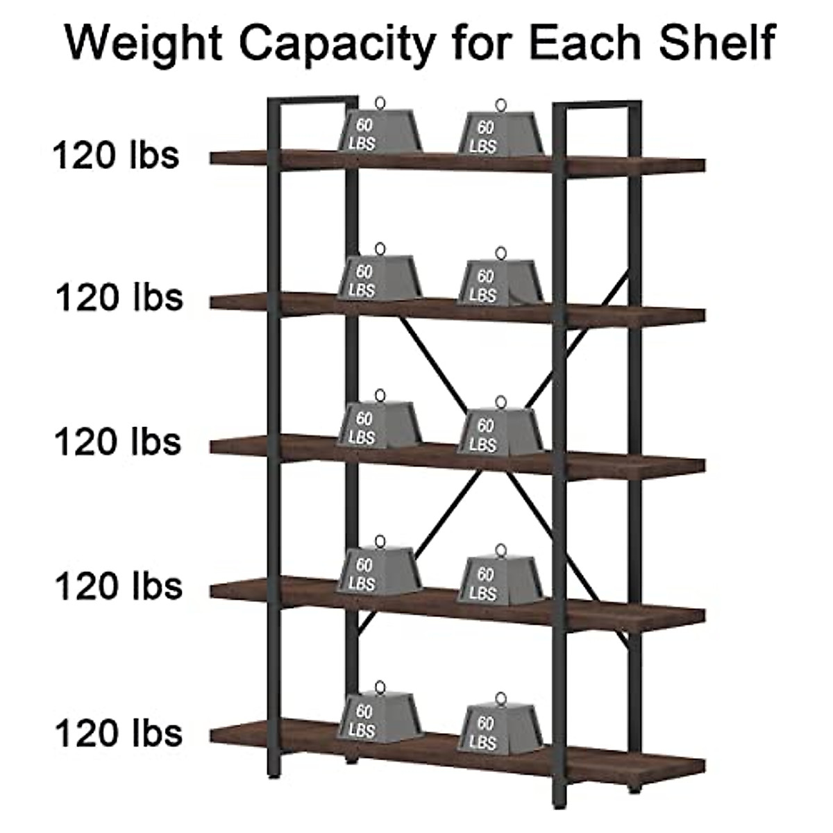 IBF 5 Tier Solid Wood Bookshelf, Industrial Natural Real Wood Metal Tall Bookcase, Modern Rustic Large Open Book Shelf Storage, Farmhouse Wide Etagere Bookcase for Office Living Bedroom, Rustic Gray