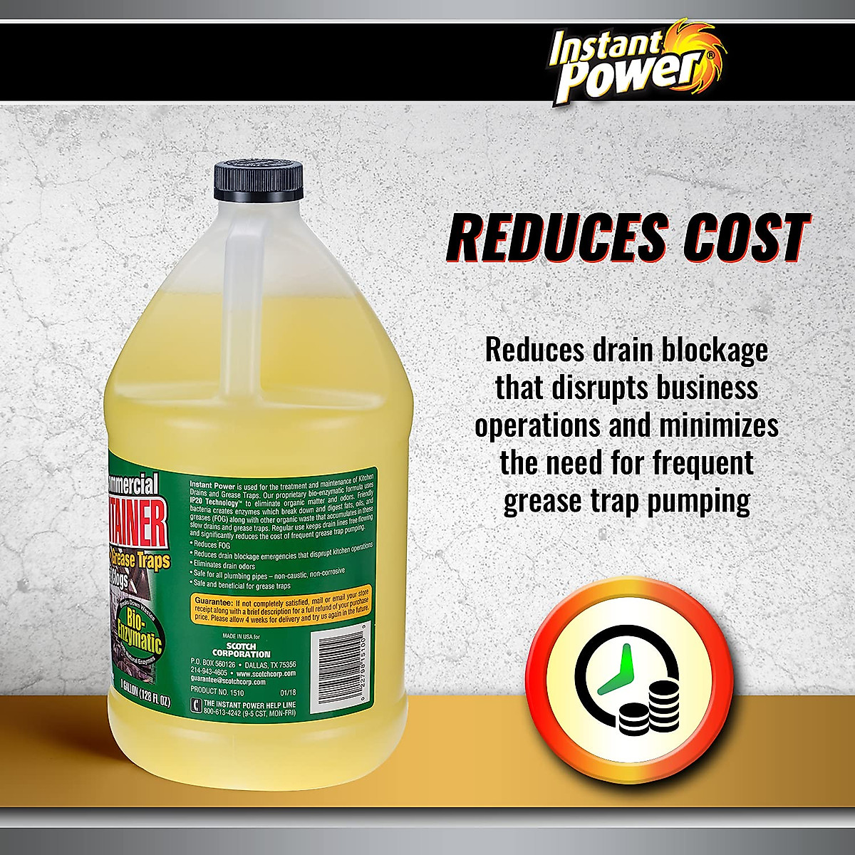 Instant Power Commercial Drain Maintainer - Liquid Enzyme Clog Remover, Cleans and Deodorizes, Reduces Drain Blockages, 1 Gal