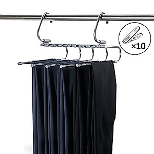 TECHMILLY Magic Pants Hangers Space Saving with Clips, 1 Pack Non-Slip Closet Organizer Hanger, Multi Use 5 in 1 Rack for Jeans, Trousers, Leggings (Gray)