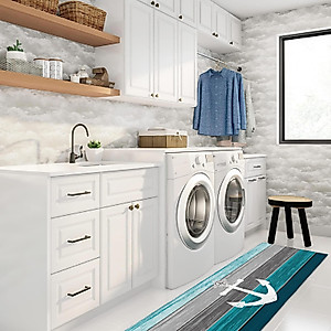 Kitchen Runner Rug, Farm Nautical Anchor Compass Rustic Old Wooden Plank Teal Green Gray Non Slip Runner Carpet Door Mats Floor Mat for Laundry Bedside Bathroom Bedroom 15.7"X47.2"