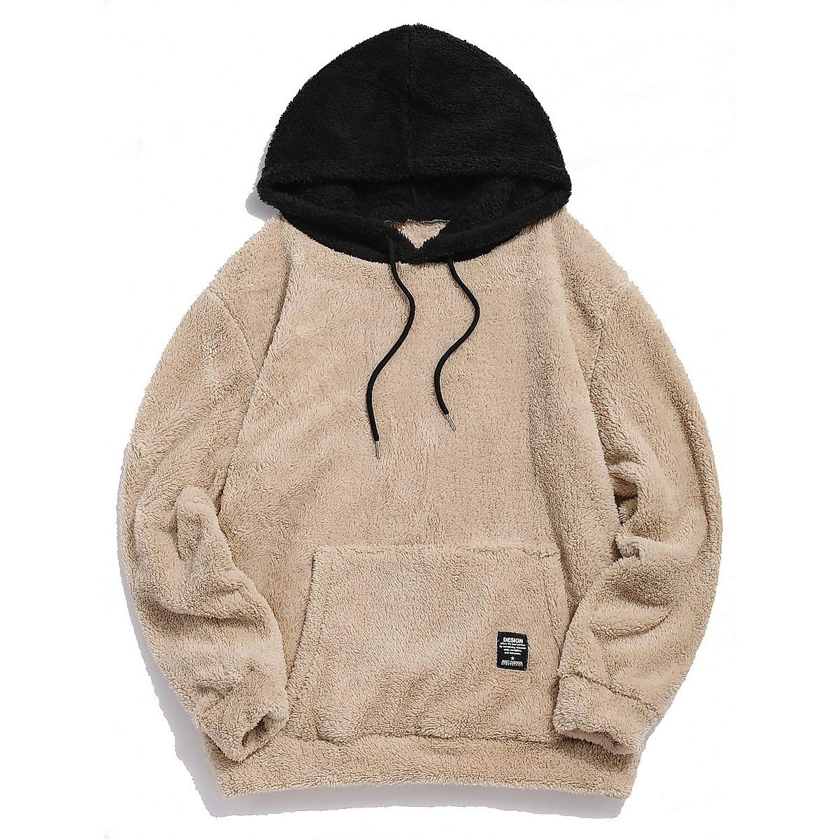 ZAFUL Men's Fashion Hooded Sweatshirts Unisex Colorblock Splicing Drawstring Fluffy Faux Fur Hoodies Pullover(Black Khaki,S)