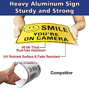 (4 Pack) Faittoo Smile You're On Camera Sign, 10x7 Reflective Rust Free .40 Aluminum, UV Protected, Weather Resistant, Durable Ink, Indoor & Outdoor Use for Home Business CCTV Security Camera