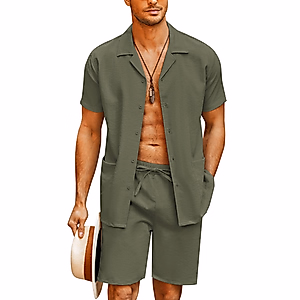 COOFANDY Men's Linen Beach Shirts Casual Hippie Holiday T-Shirts Shorts Outfits Button Down Hawaiian Outfits 2 Piece