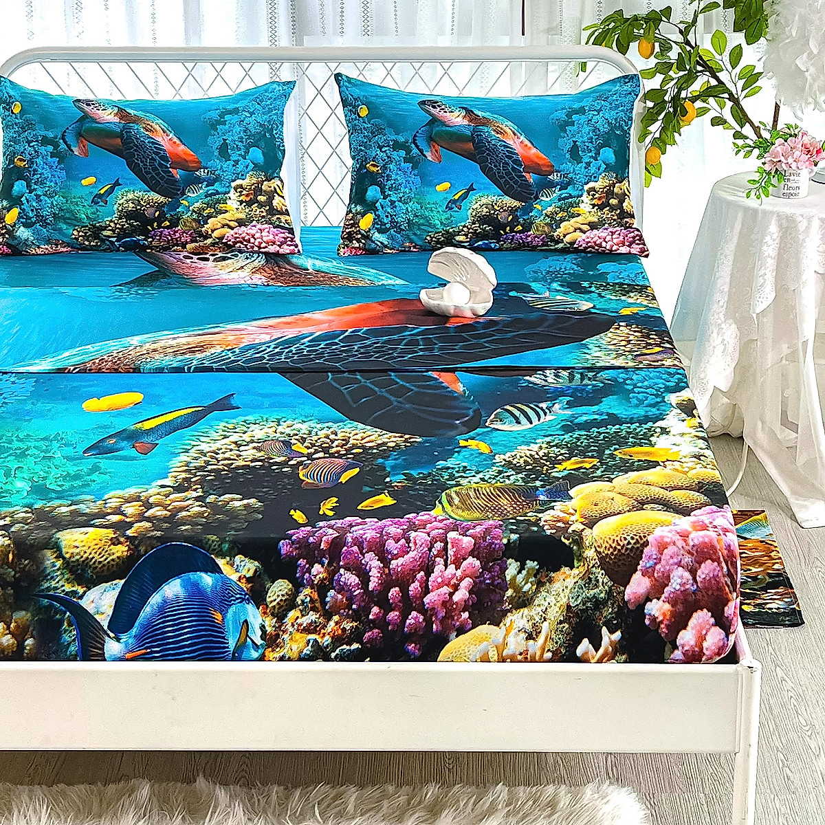 CVHOUSE Sea Turtle Fitted Sheet,Ocean Bed Sheet Set Twin Size,Turtle Bedding Set for Boys Kids Girls,1 Flat Sheet & 1 Fitted Sheet with 2 Pillow Cases - 4 Piece