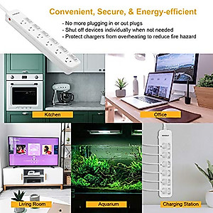 Suraielec Power Strip Individual Switches, 8 FT Long Flat Plug Extension Cord, 6 Outlet Surge Protector with On Off Switches for Each Outlet, 15 AMP Safety Circuit Breaker, Wall Mountable