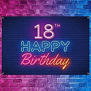 5665 Glow Neon Happy 18th Birthday Backdrop Banner Decor Black,Colorful Glowing 18 Years Old Birthday Party Theme Decorations for Boys Girls Supplies