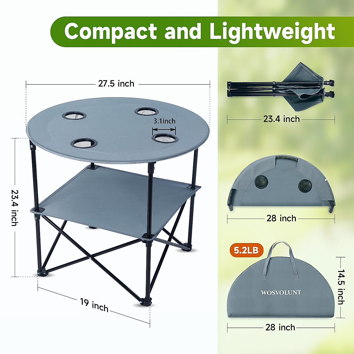 WOSVOLUNT Portable Camping Table Folding Pop up Tables Lightweight Beach Table for Sand Canvas Picnic Table Round Camping Side Table with Cup Holder for Outdoor, Tailgating,Travel