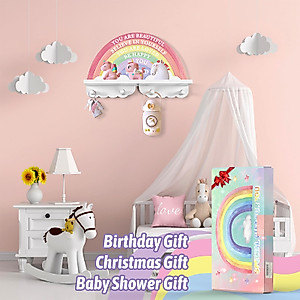 Garybank Inspirational Rainbow Shelf for Girls Bedroom Wall Decor, Girls Room Rainbow Decor, Wooden Kids Coat Rack with Hooks Wall Mount, 4 Pegs Kids Clothes Rack, Rainbow Girl Gifts for Christmas