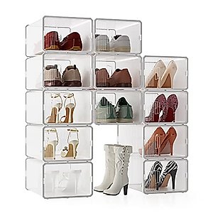evron Shoe Rack Vertical Storage, Standing Shoe Organizer for Closet Organizers and Storage, Sturdier Frame Connection Clear Shoe Boxes Stackable with Smart Assembly Tool (White12 PCs)