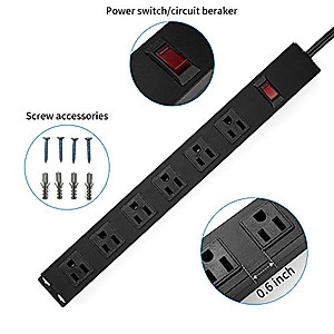 6 Outlets Metal Power Strip, Wall Mount Heavy Duty Power Outlet with Switch, Aluminum Alloy House, 14AWG Power Cord, 15A 125V 1875W, Black (6 FT)