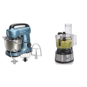 Hamilton Beach Electric Stand Mixer, 4 Quarts, Blue & Food Processor & Vegetable Chopper for Slicing, Shredding, Mincing, and Puree, 10 Cups - Bowl Scraper, Stainless Steel