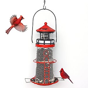 HSHD Solar Lighthouse Bird Feeder with Rotating Beacon Lamp - 14" Hanging Mesh Wild Bird Feeders for Outdoor Garden Decor Patio Lawn(Red)