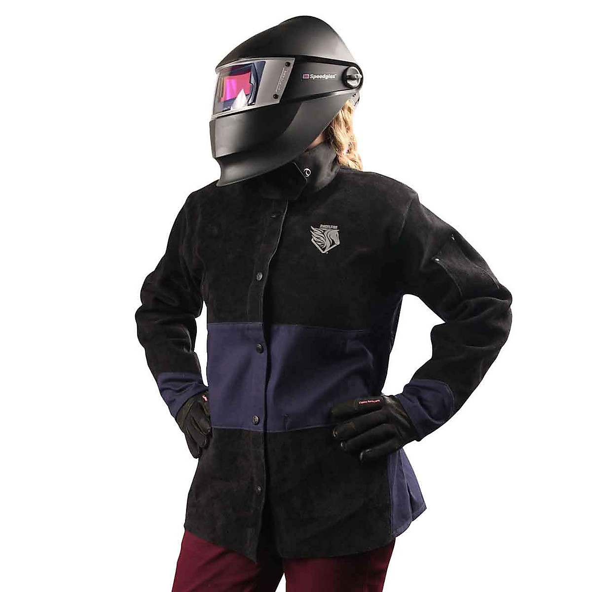 Black Stallion JH1515-NB AngelFire Women's Hybrid Welding Jacket, Cowhide and FR Cotton, Navy & Black, Large