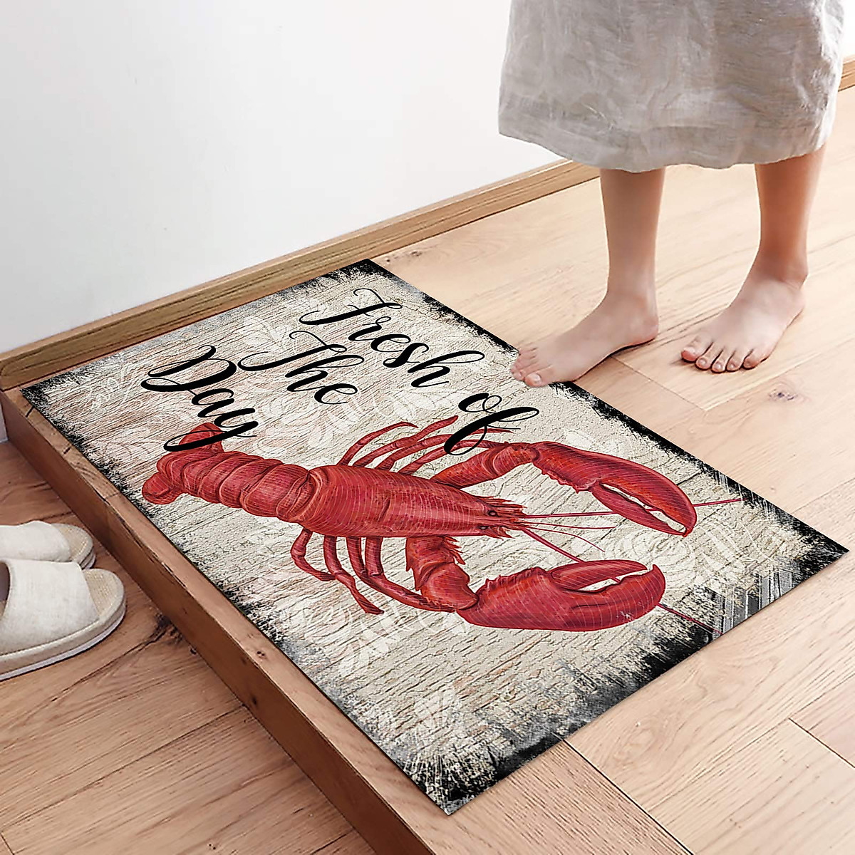 Kitchen Rugs, Red Lobster Seafood Fresh of The Day Vintage Wood Board Plank Non Slip Runner Rug Mat for Floor, Kitchen, Bedside, Sink, Office, Laundry, Set of 2