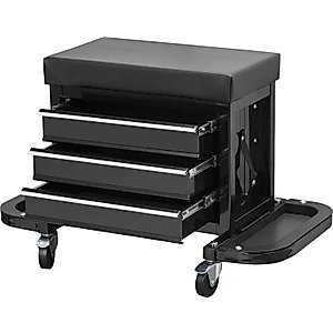 Torin APD2018B Rolling Tool Chest/Tool Box with 3 Drawers and Wheels, Padded Mechanic Stool Creeper Seat, Black