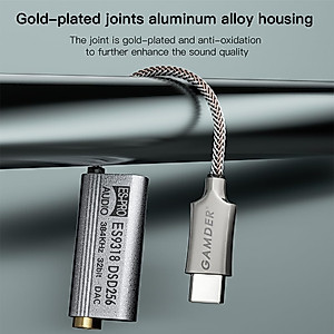 GAMDER USB Type C to 3.5mm DSD256 Hi-Fi Audio Chip Decoder 32bit 384kHz Headphone Amplifier Adapter DAC for Android Phone Mac Windows 10 （ES9318 Chip)