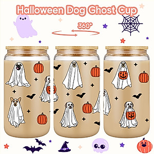 Coolife Funny Halloween Dog Ghost Cup, Cute Pumpkin Dog Iced Coffee Cup, 16oz Spooky Dog Tumbler Halloween Glass Cups w/Lids Straws, Boo Basket Stuffers, Halloween Gifts for Dog Lover, Dog Mom, Women