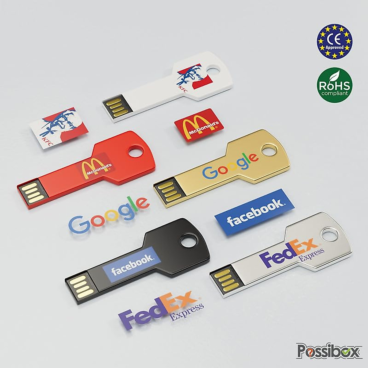 Possibox Custom Key Shaped USB Flash Drive 512MB Customized with Your Logo - as Promotional Gift Bulk 300 Pack