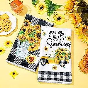 Kajaia 4 Pcs Bee Sunflower Kitchen Towels Summer Gnome Dish Towels Watermelon Lemon Tea Towels Sunshine Hand Towels Absorbent Plaid Towels for Bathroom Housewarming Gifts (Sunflower)