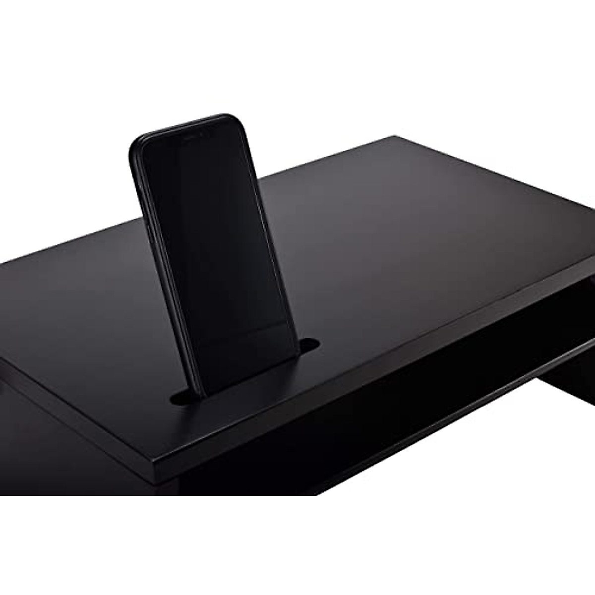 Monitor Stand - Two Tier Wood Desk Shelf for Monitor, Printer or Desktop Computer. Cable Management, Phone Slot and Removable Shelf for Organizing Office Accessories. (Black)