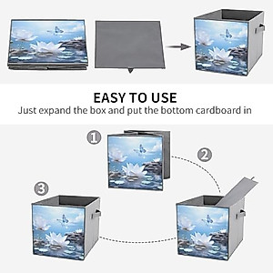 White Flower And Stone with Butterfly Foldable Storage Bins with Handles Storage Cubes Closet Organizer for Living Room Bedroom 2PCS