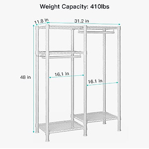 Ulif F1 Garment Rack for Kids, Baby, Students, and Children's Room, 4 Tiers Freestanding and Portable Heavy Duty Closets, Small Metal Clothes Rack with 2 Hanging Rod, 31.2”W x 11.8”D x 48”H, White