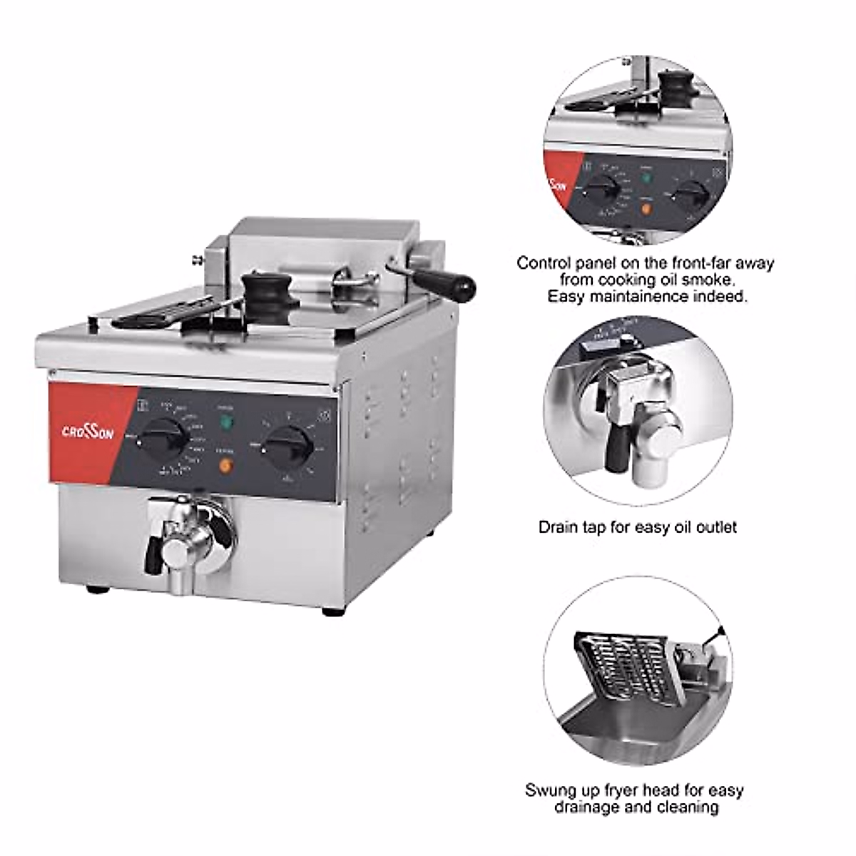 CROSSON 6L Electric Countertop Deep Fryer Extra Large with Drain,Timer,Basket and Lid for Restaurant Use 120V,1800W Commercial Deep Fryers