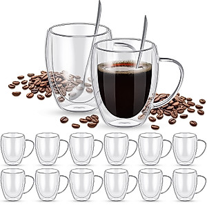12 Pcs 12 oz Glass Coffee Mugs with Handle Set Clear Glass Coffee Cups Insulated Double Walled Glass Mugs for Hot Beverages Clear Borosilicate Cups with 12 Pcs Spoons for Cappuccino Latte Espresso