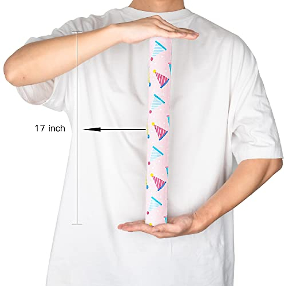 MAYPLUSS Birthday Wrapping Paper Roll - Mini Roll - 17.3 Inch X 32.8 Feet - Pink Design - Colorful Hat/Birthday Text (47.3 sq.ft.ttl)