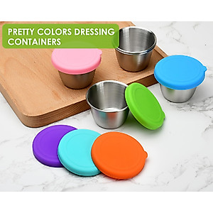 Victhur Salad Dressing Container To Go, 6 Pieces 2.4oz 304 Stainless Steel Sauce Containers with Silicone Lids for Snacks, Dipping Sauce