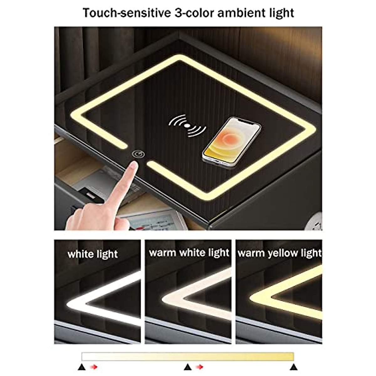 REVIAM Bedside Table with Wireless Charging Station Living Room End Table Bedroom Side Table with Sensor LED Lights (Color : A 2-Drawers, Size : C+Audio+Fingerprint)